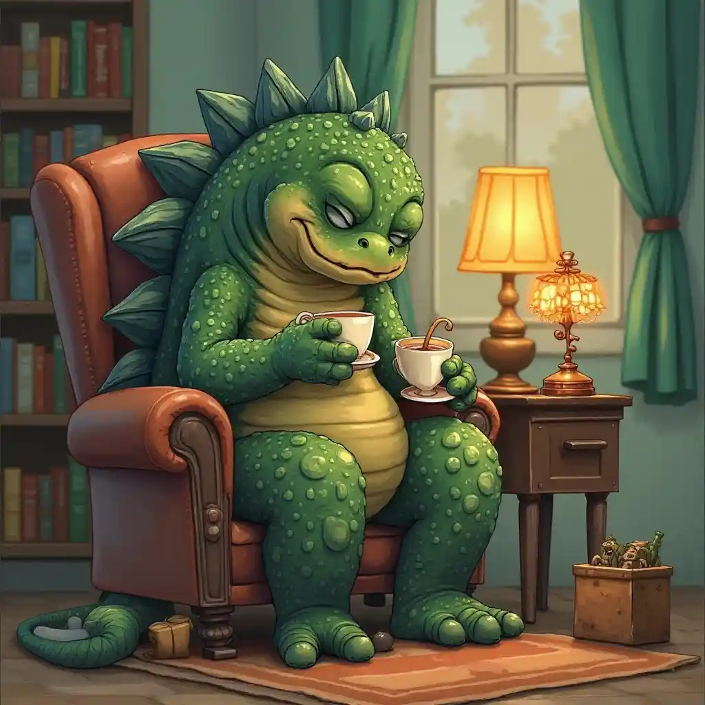 Cute Godzilla Drinking Tea in Fairytale Art