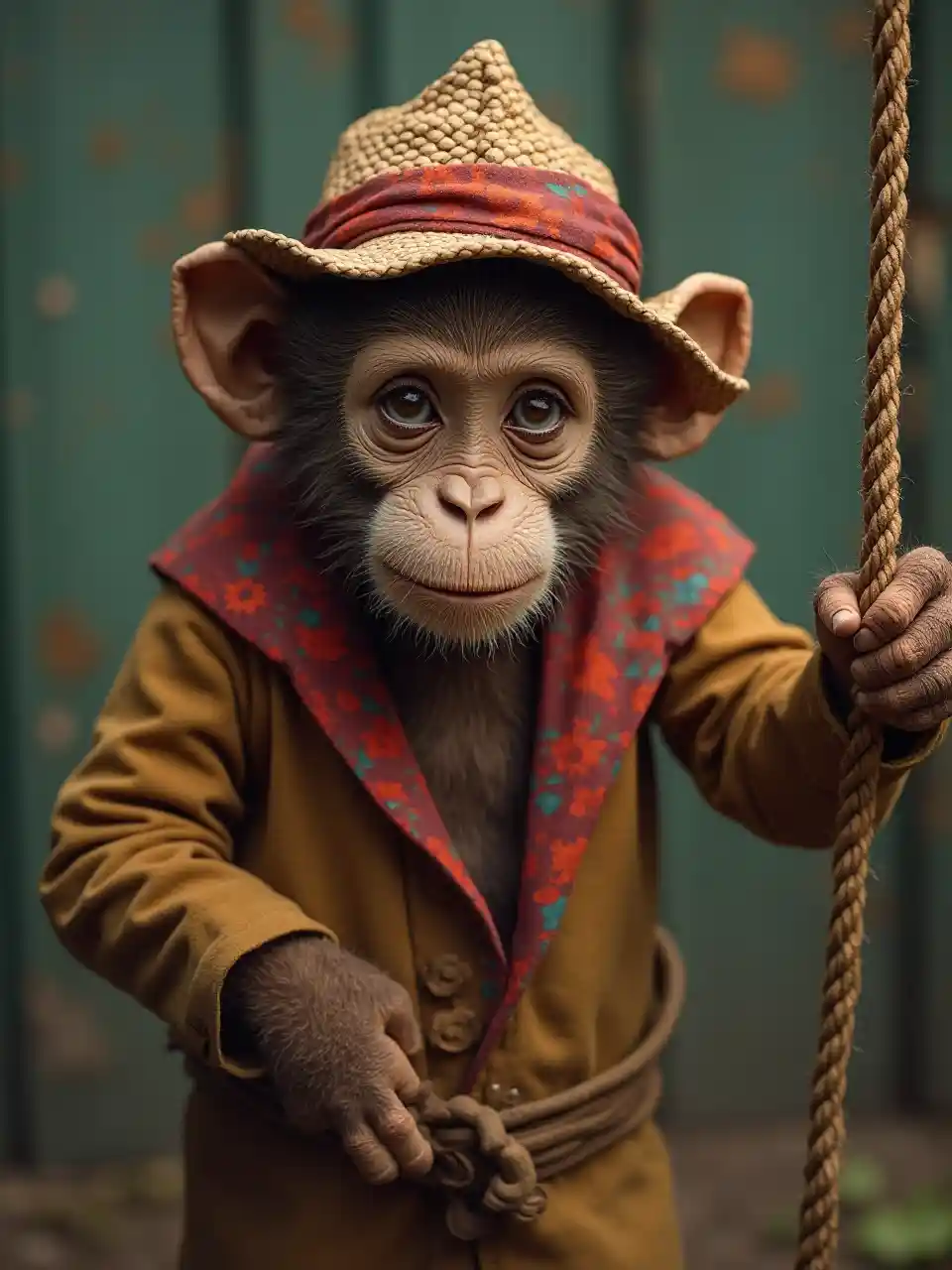 Monkey Dressed as Indiana Jones with Rope