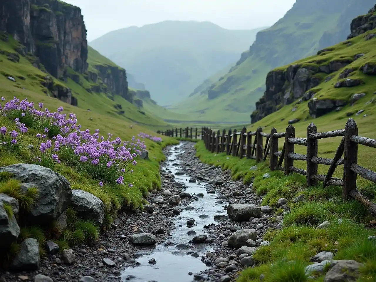 A Beautiful Rocky Landscape with Purple Flowers and Moss