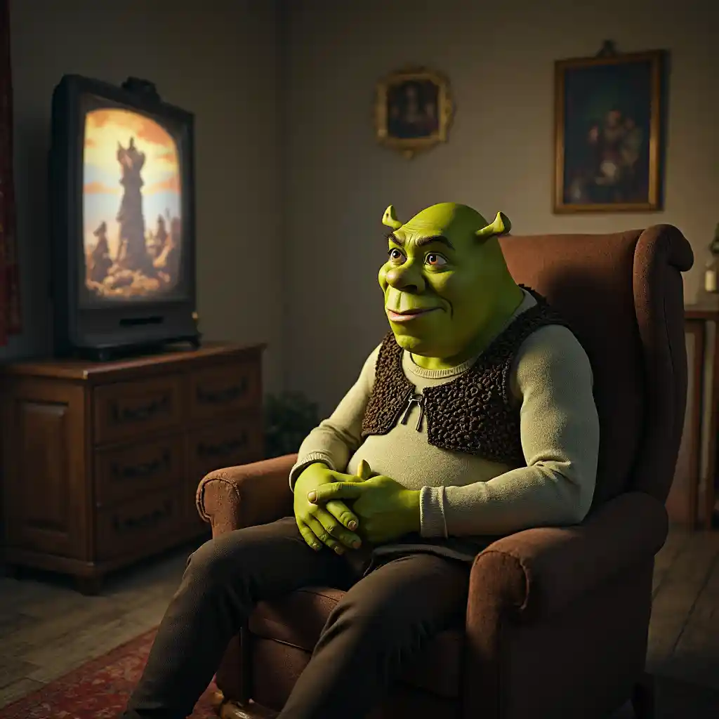 Shrek thư giãn trong khi thưởng thức chương trình yêu thích của mình