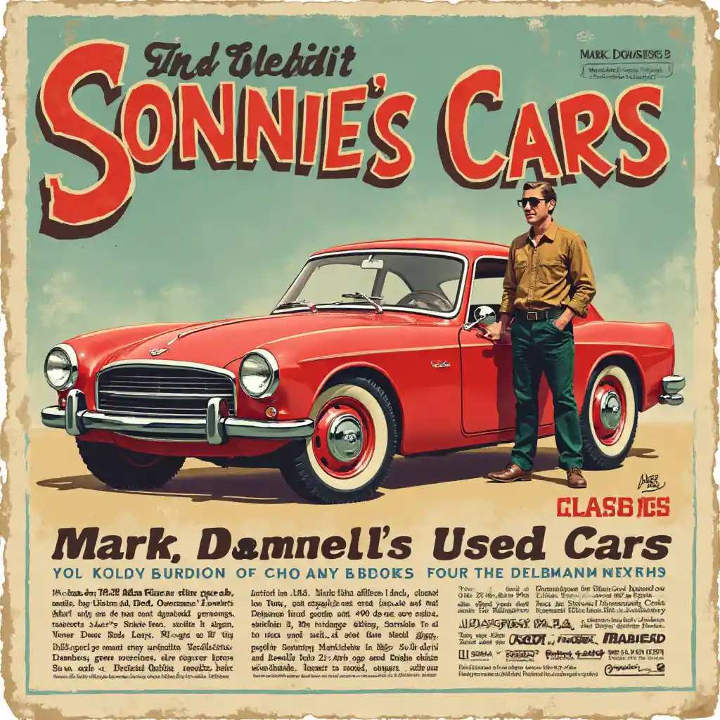 Classic Vintage Advertisement for Skid Mark Donnie's Used Cars