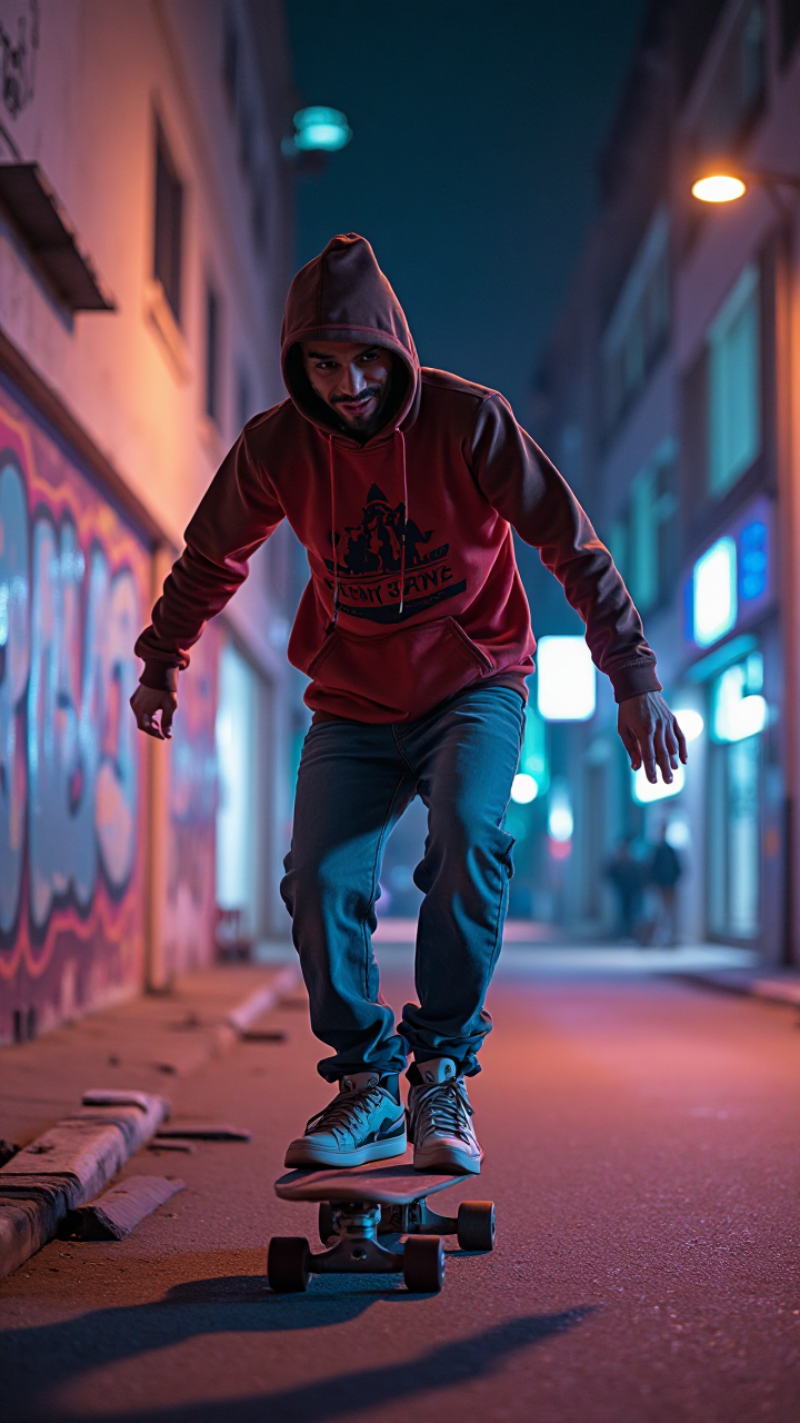 Neon Skateboarding in Urban Streets