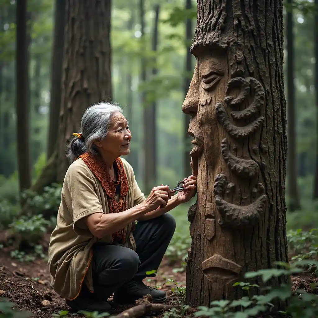 Elderly Asian Woman Carves Totem in Forest