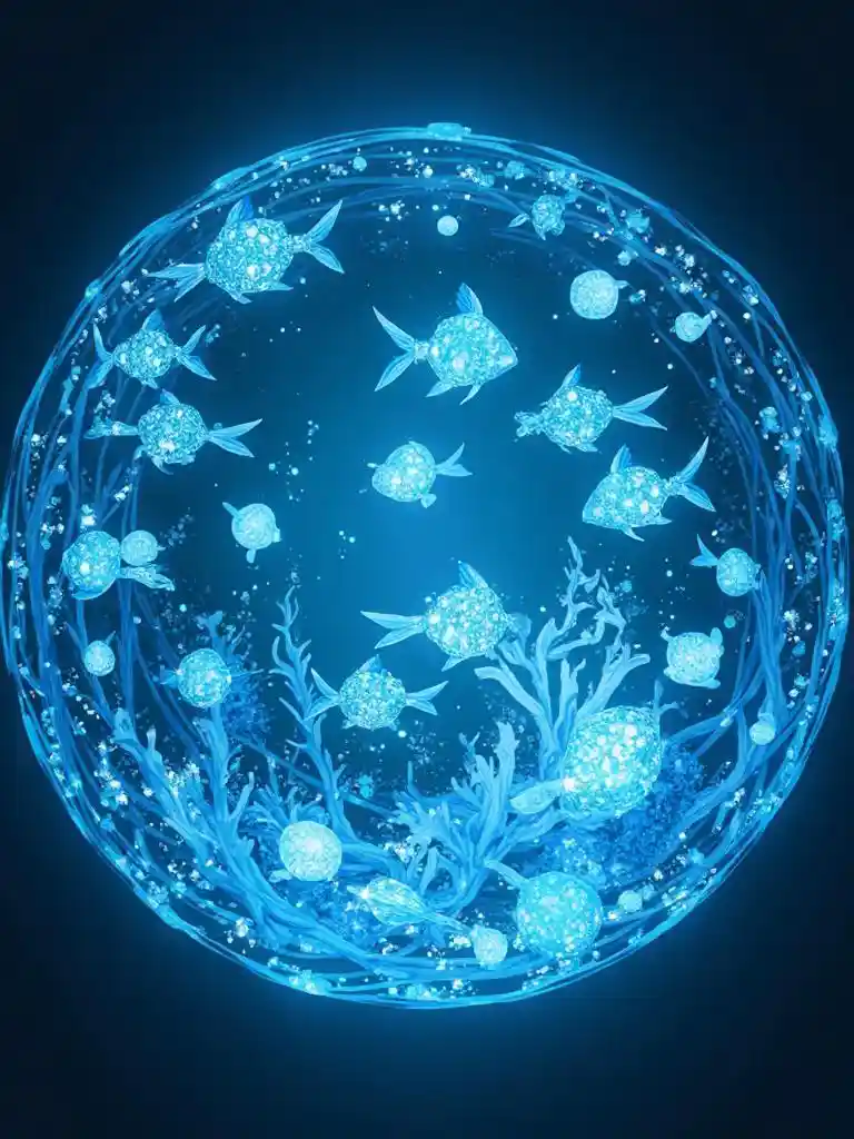 Un banc de poissons lumineux d'art flottant