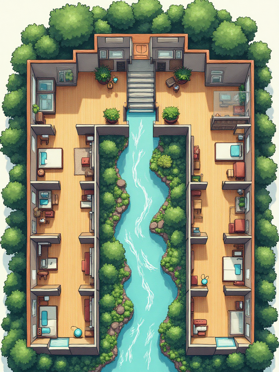 Creative Floor Plan Design Featuring Indoor Rainforest and River